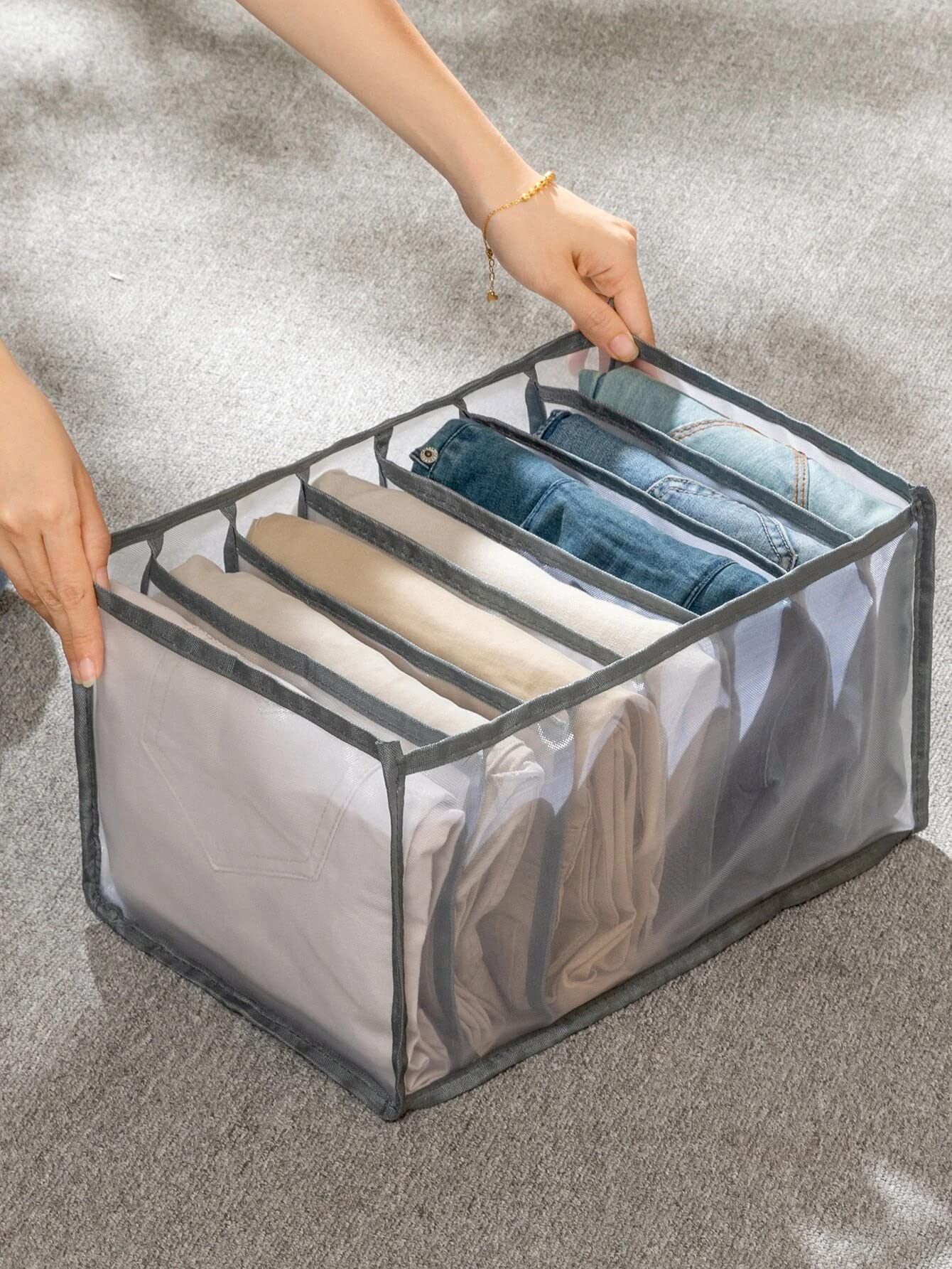 Wardrobe Clothes Organizer(2PCS)- Washable Drawer Dividers for Clothes - Pants, Jeans, T Shirt Organizer for Drawer - Folded Closet Organizers, Mesh Clothes Storage Organizer (GRAY, 1PC-Large)