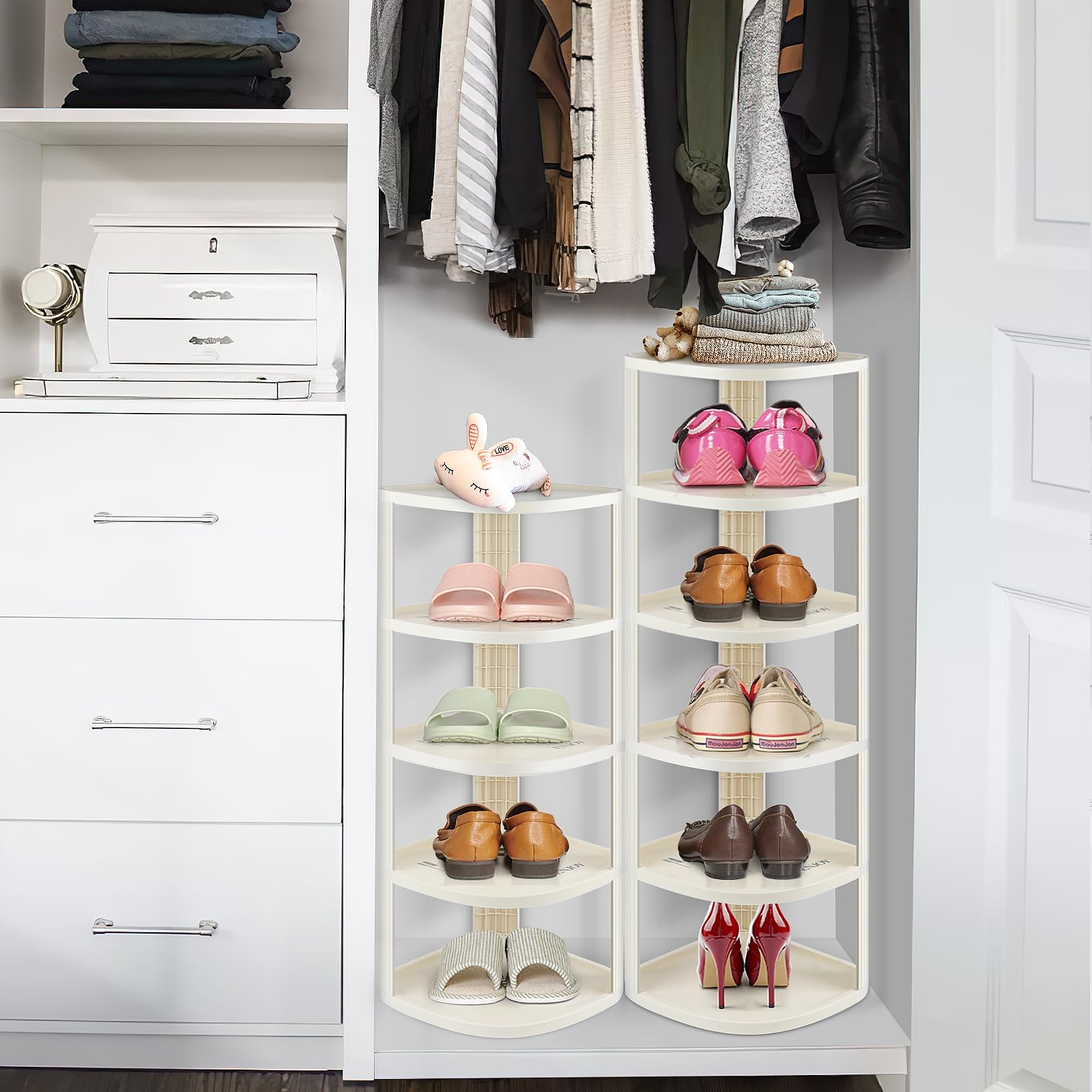 FASTSPOK White Shoe Rack Shelf, 6 Tier Small Stackable Shoe Stand, Space Saving Free Standing Shoes Storage Organizer for Entryway, Closet, Vertical Narrow Shoe Tower Rack