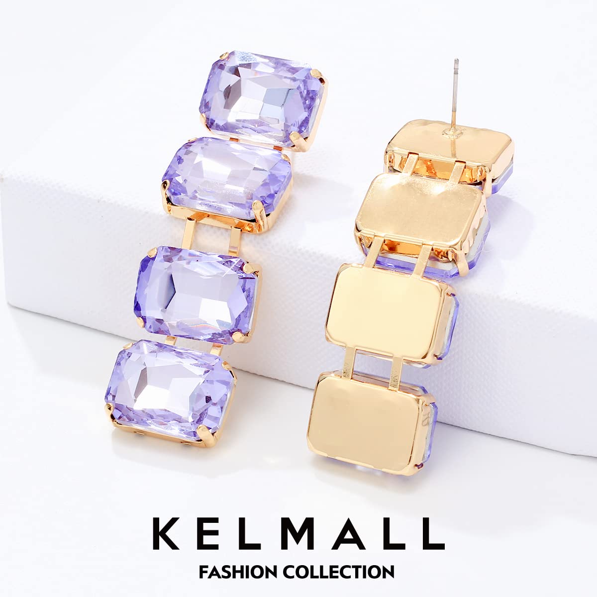 Chunky Rhinestone Rectangle Earrings for Women Dangling Geometric Shaped with Purple Crystal Drop Earrings KELMALL COLLECTION