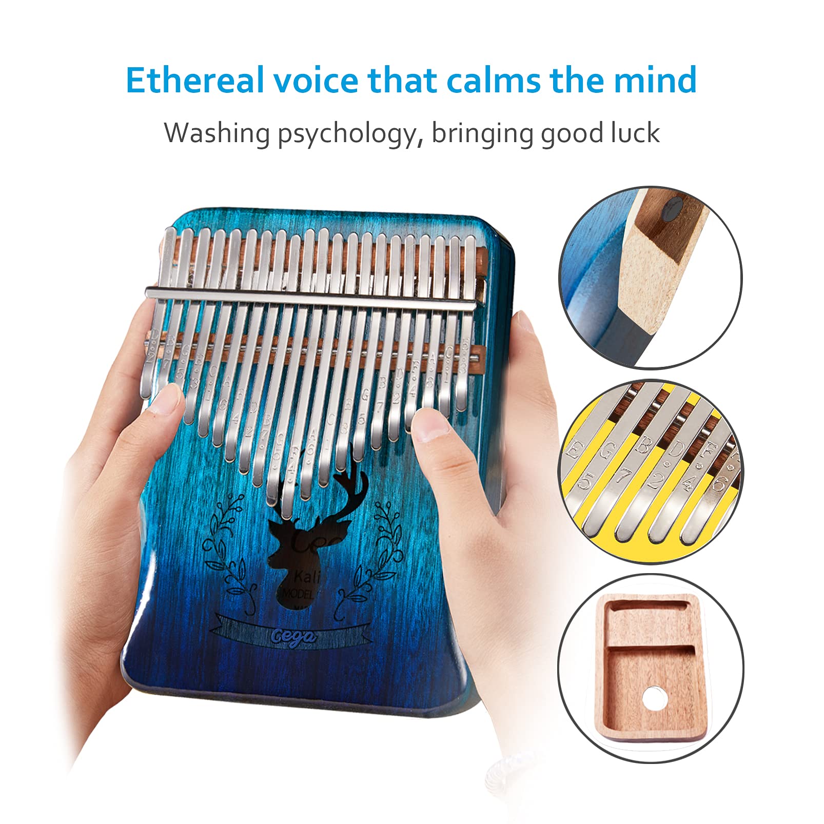 TienClef Kalimba Thumb Piano 21 Keys with Engraved Notes Deer Pattern Handhold Cute Finger Zebrawood Solid Wood Portable Musical Instrument Music Book for Kids Adult Beginner (Gradual Blue)