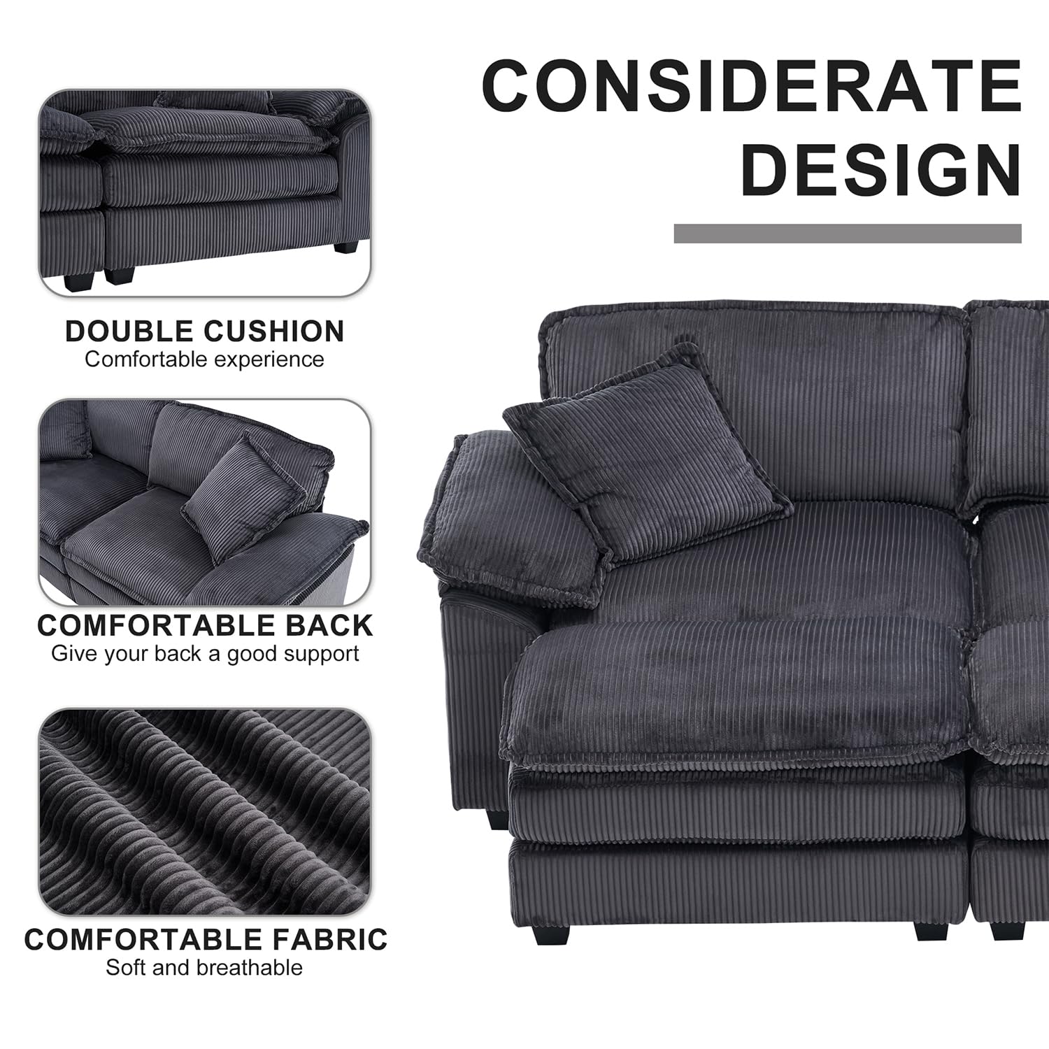 Corduroy Modular Sectional Couch, 84“ Width Oversize Loveseat Sofa, Comfy Plush Cloud Couch Lounge Chair with Ottomans and 2 Pillows for Small Spaces, Living Room, Bedroom, Office (Grey)