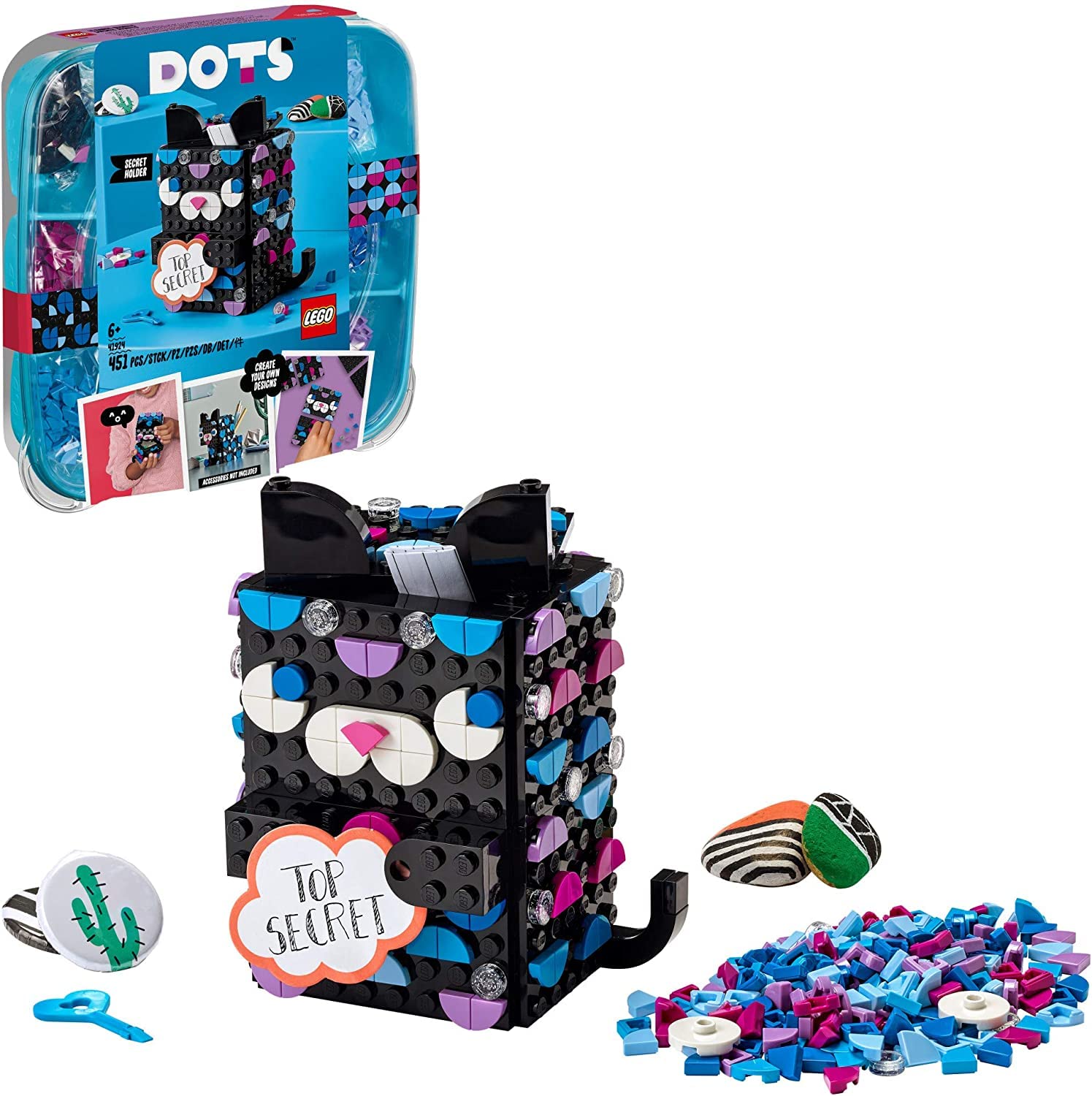 LEGO DOTS Secret Holder 41924 DIY Craft Decorations Kit; Creative Activity for Kids Who Want to Make a Cool Cat Set, New 2021 (451 Pieces)