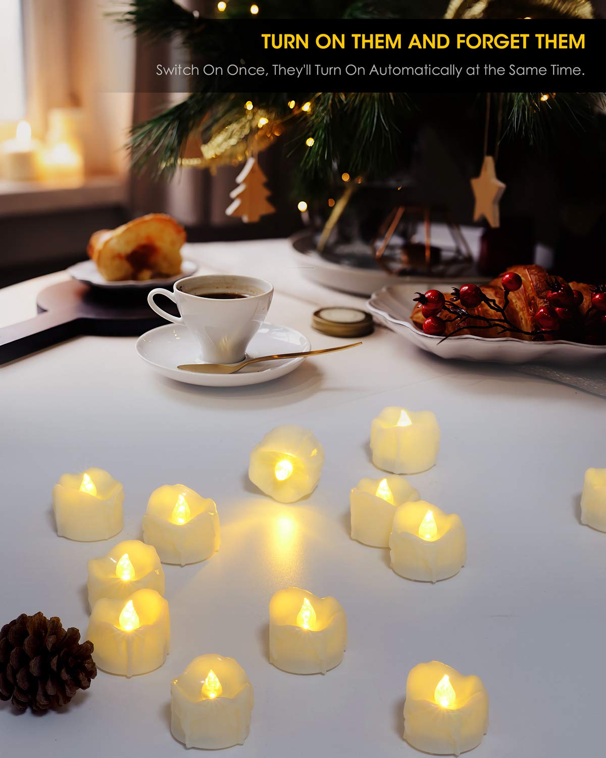 PChero LED Tealights with Timer, 12pcs Flickering Flameless Battery Operated Timed Tea Light Electric Candles for Halloween Christmas Home Party Wedding Centerpieces Decorations