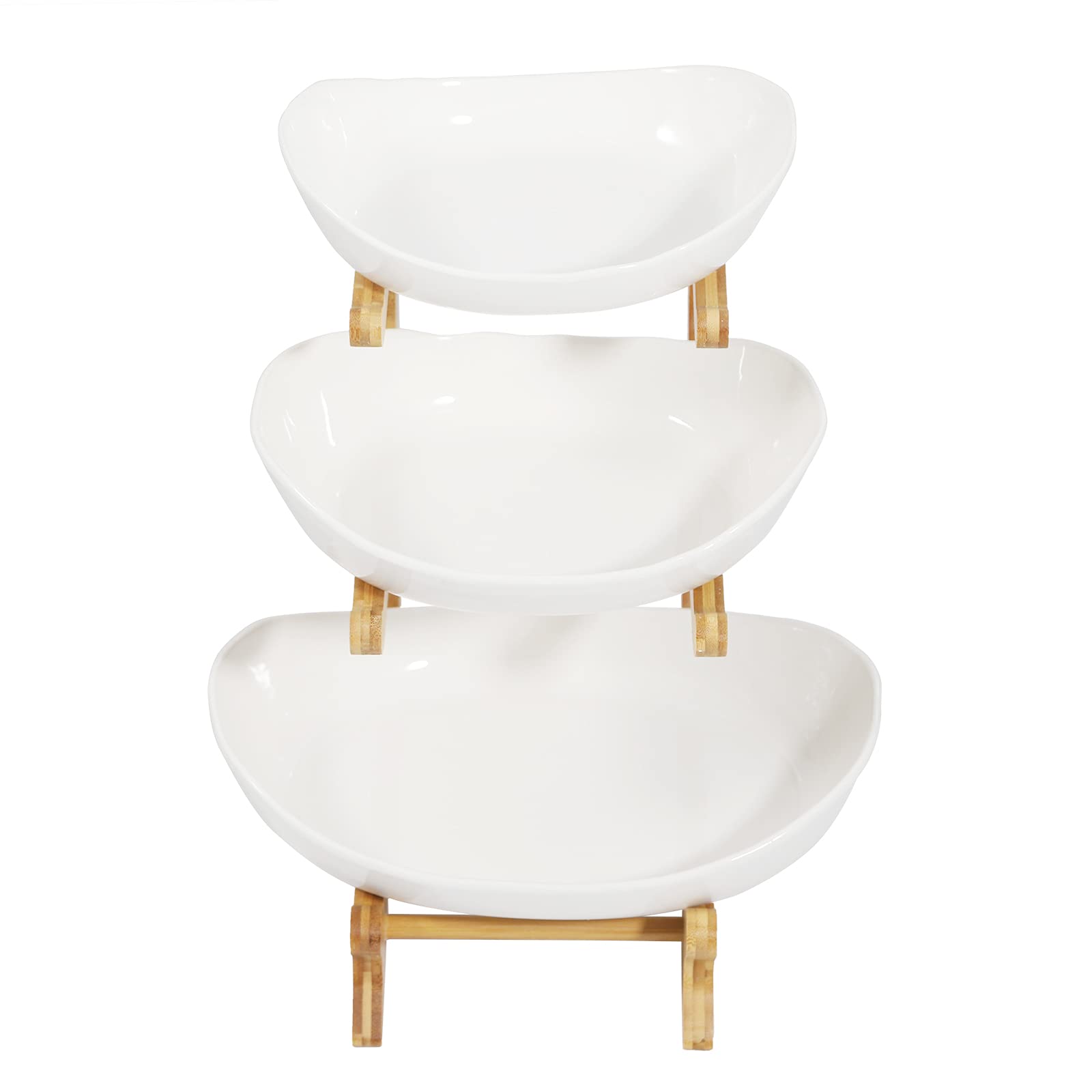Ceramic Fruit Bowl, 3 Tier Fruit Basket Fruit Bowl for Table Centerpieces Porcelain Fruit Plate with Bamboo Stand Fruit Snacks Nuts Bread Candy Storage Tray (White)