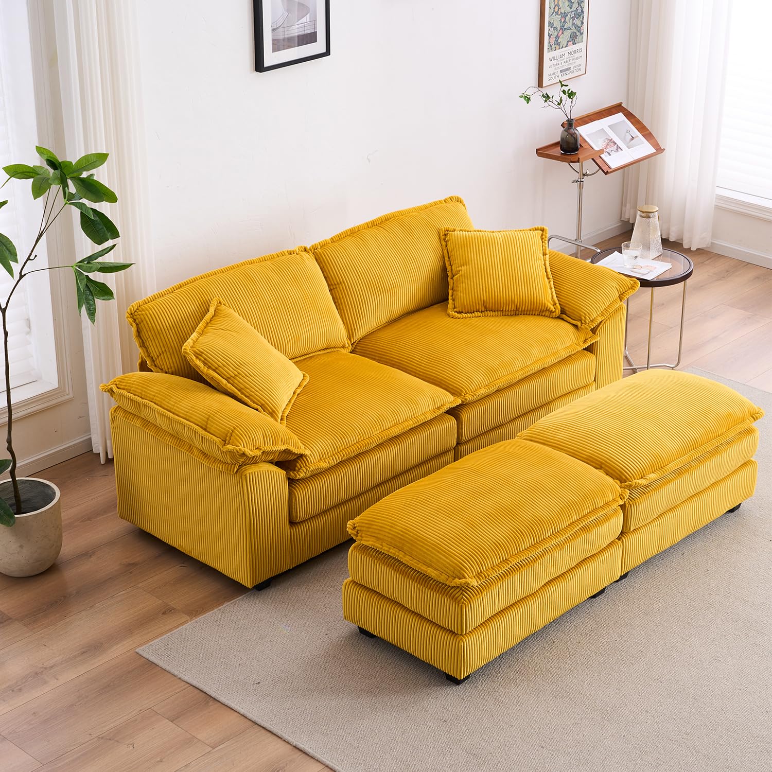 Corduroy Sectional Couch, 84β Width Oversize Loveseat Sofa, Comfy Plush Cloud Couch Lounge Chair with Ottomans and 2 Pillows for Small Spaces, Living Room, Bedroom, Office Easy to Install (Yellow)
