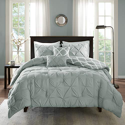 Madison Park Essentials Kasey Cozy Comforter Set - Fretwork Design, All Season Bedding with Matching Shams, Decorative Pillow, Queen (90in x 90 in), Diamond Grey Comforter 5 Piece