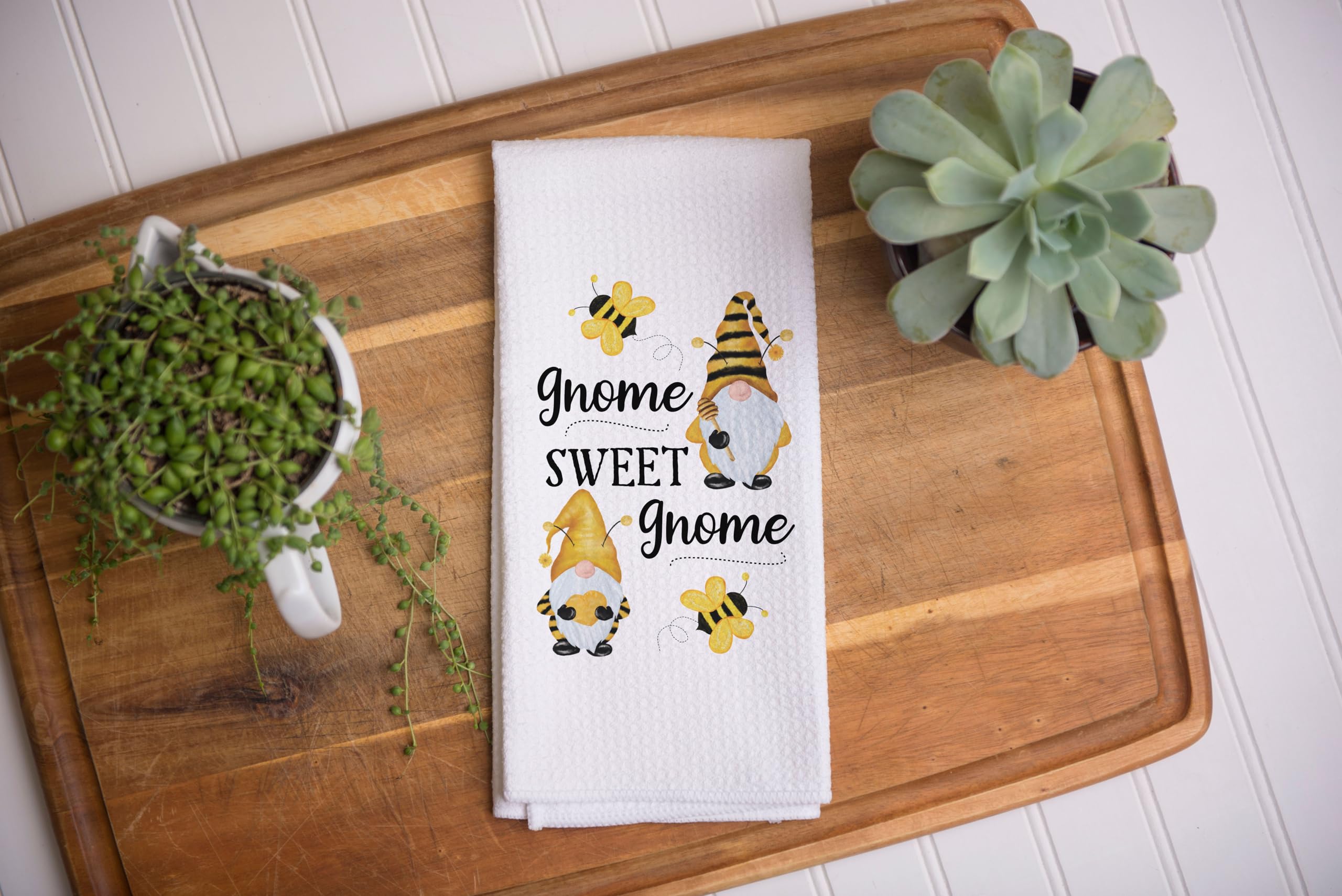 CANARY ROAD Gnome Sweet Gnome Kitchen Towel | Bee Theme Dish Towel | Summer Kitchen Decor | Seasonal Decor | Kitchen Accessories | Housewarming Gift | Gift for Friend | Funny Gnome Pun