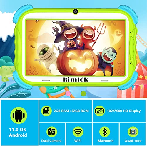 kimlok Kids Tablet Tablet for Kids,Android 11, 7 Inch 2GB+32GB, WiFi, Parental Control APP,Dual Camera, Bluetooth, Friendly Learning Tablets for Kids with Case Included for Boy and Girl Green