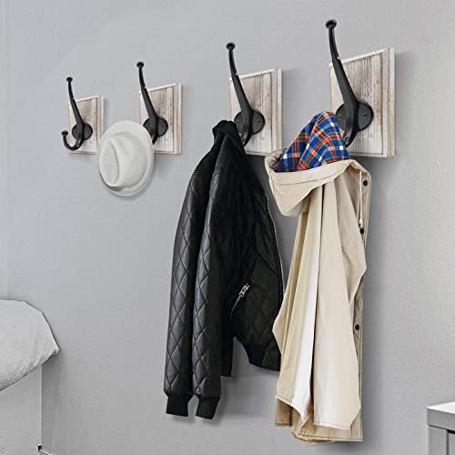 Lomuke Towel Hooks for Bathroom Wall Mounted, 2 Pack Farmhouse Rustic Wall Hooks for Hanging Coat Robe Hat Keys, Heavy Duty Wood Black Hooks for Entryway Kitchen Bedroom Decorative (Weathered White)