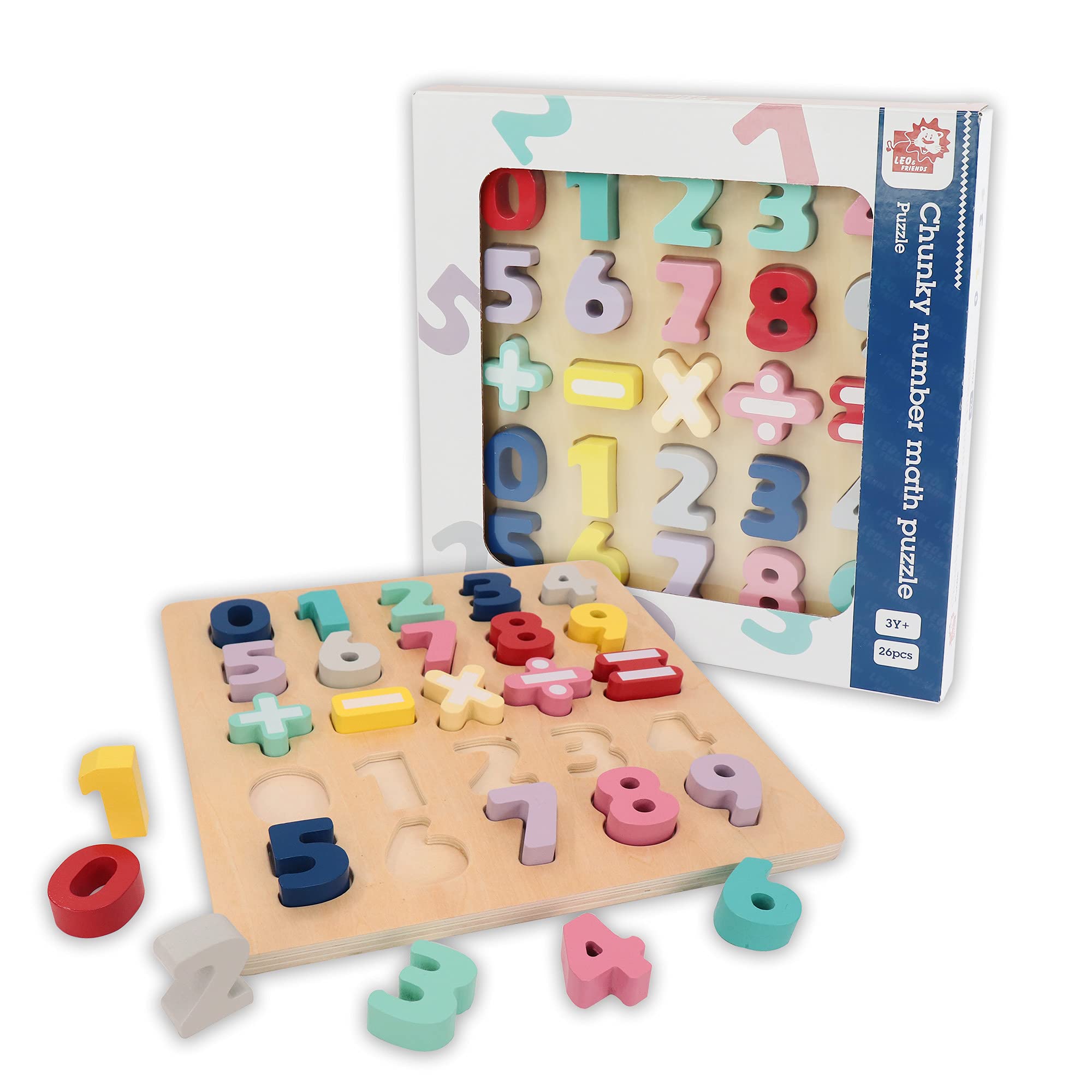 LEO & FRIENDS: Wooden Chunky Number Math Puzzle - 26pc, Colorful Play & Learn Toy, 0-9, Addition-Subtraction-Multiplication- Division, Kids Ages 3+