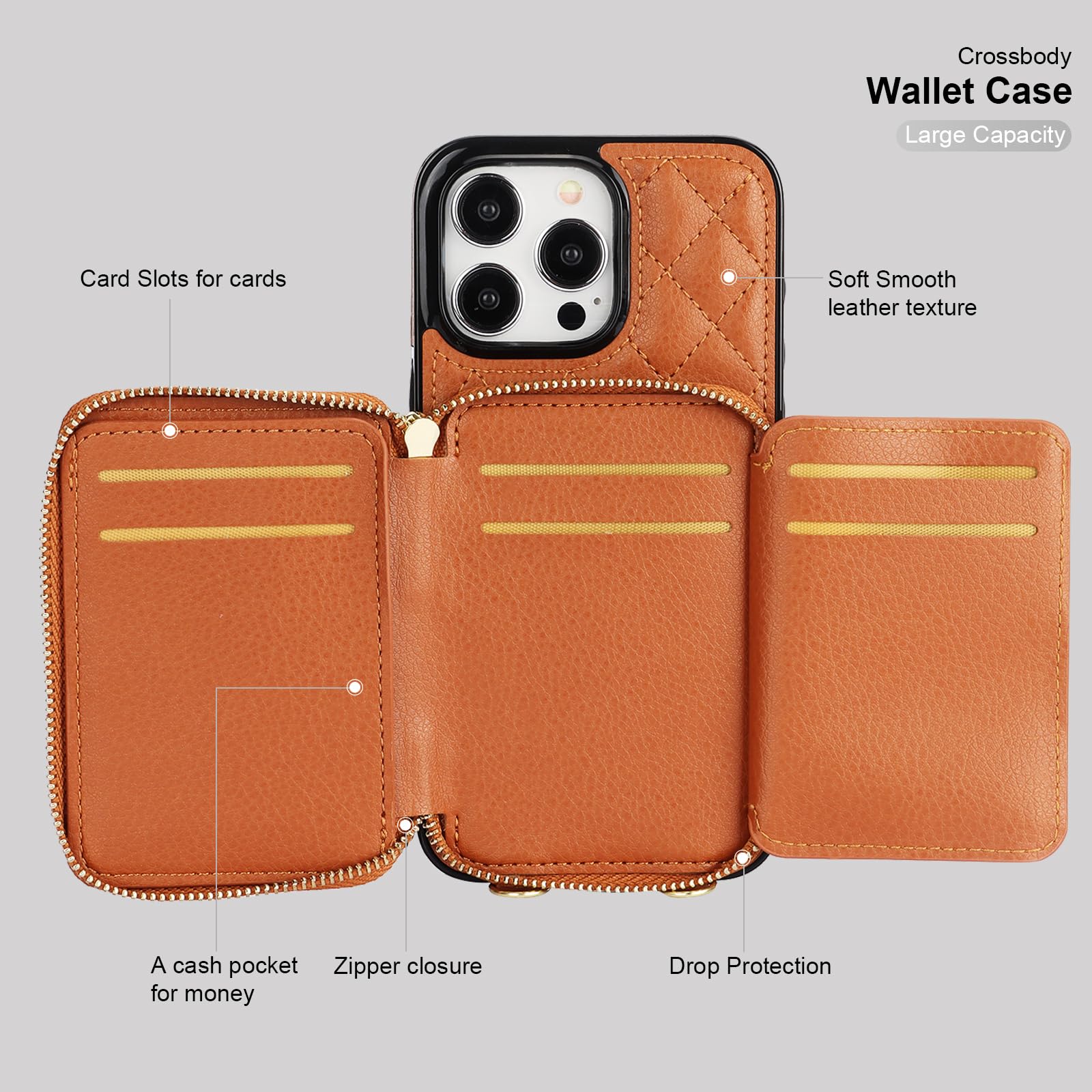 Bocasal Crossbody Wallet Case for iPhone 15 Pro Max, RFID Blocking PU Leather Zipper Handbag Purse Flip Cover, Kickstand Folio Case with Card Slots Holder Wrist Strap Lanyard 5G 6.7 Inch (Brown)