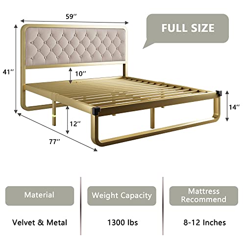 Feonase Full Size Platform Bed Frame with Heavy-Duty Steel Slats, Velvet Upholstered Headboard, 12" Storage Space, No Box Spring Required, Noise Free, Easy Assembly, Golden and Beige