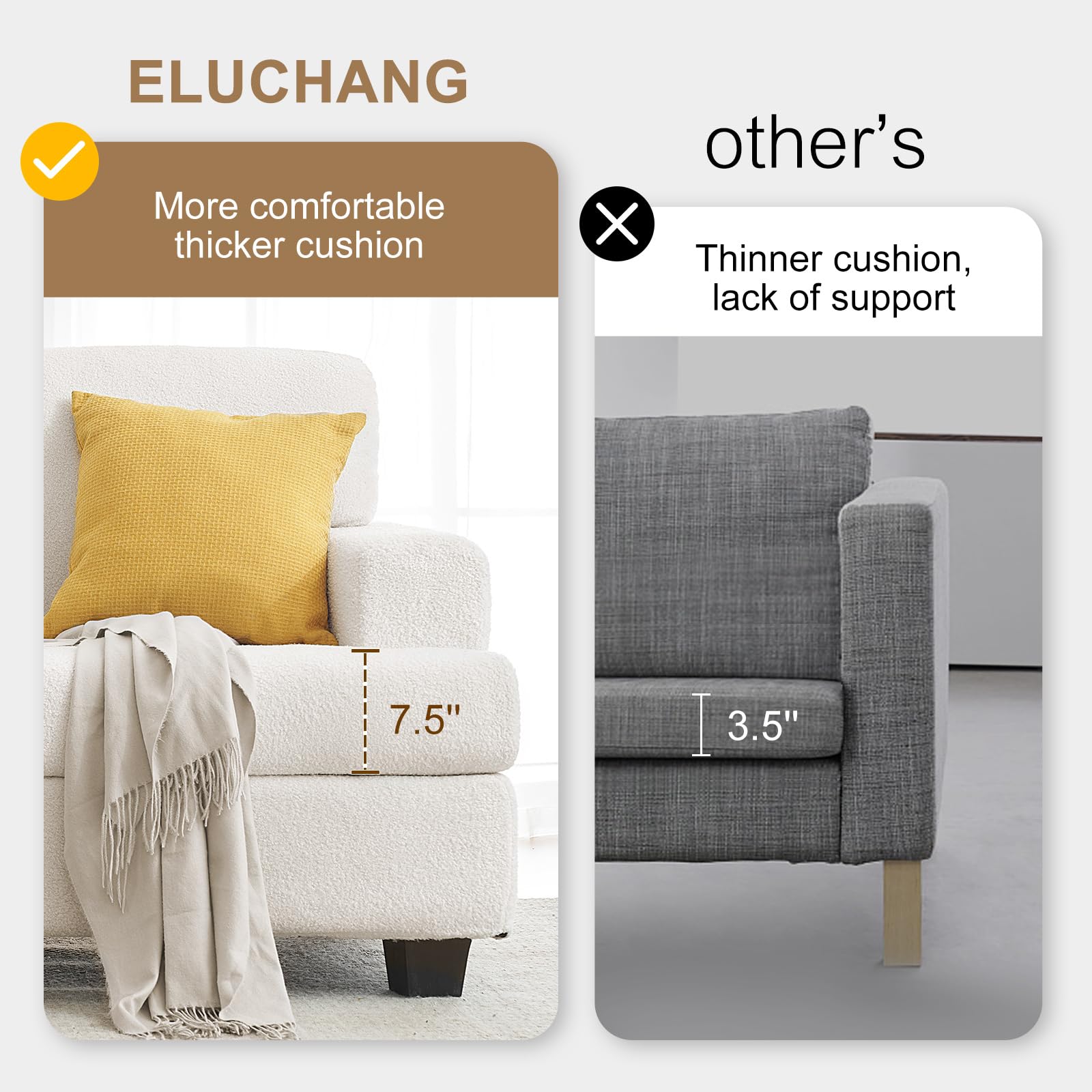 ELUCHANG 80" Deep Seat Sofa Couches for Living Room, 3 Seater Sofa Teddy Cloud Sofa Modern Sofa Couch with Removable Cushion&Detachable Cover, Comfy Sofa for Small Space, Apartment, White, Set of 1