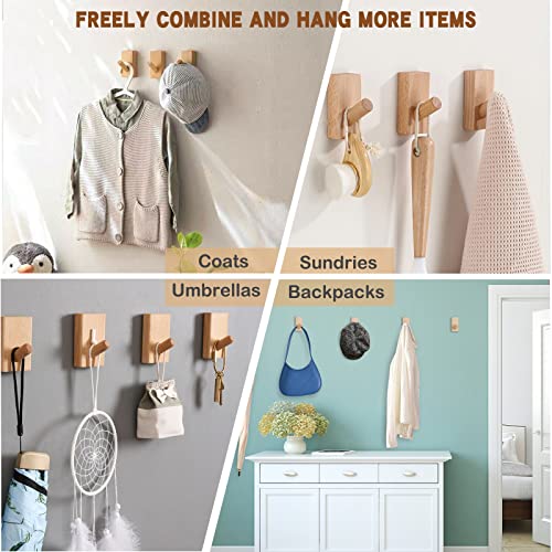 QUELLANCE Wood Wall Hooks for Hanging - 4 Pack Utility Hooks Coat Hooks Wall Mounted, Robe & Towel Hooks for Bathroom, Natural Handmade Hat Hooks Heavy Duty Wall (Beech Wood)