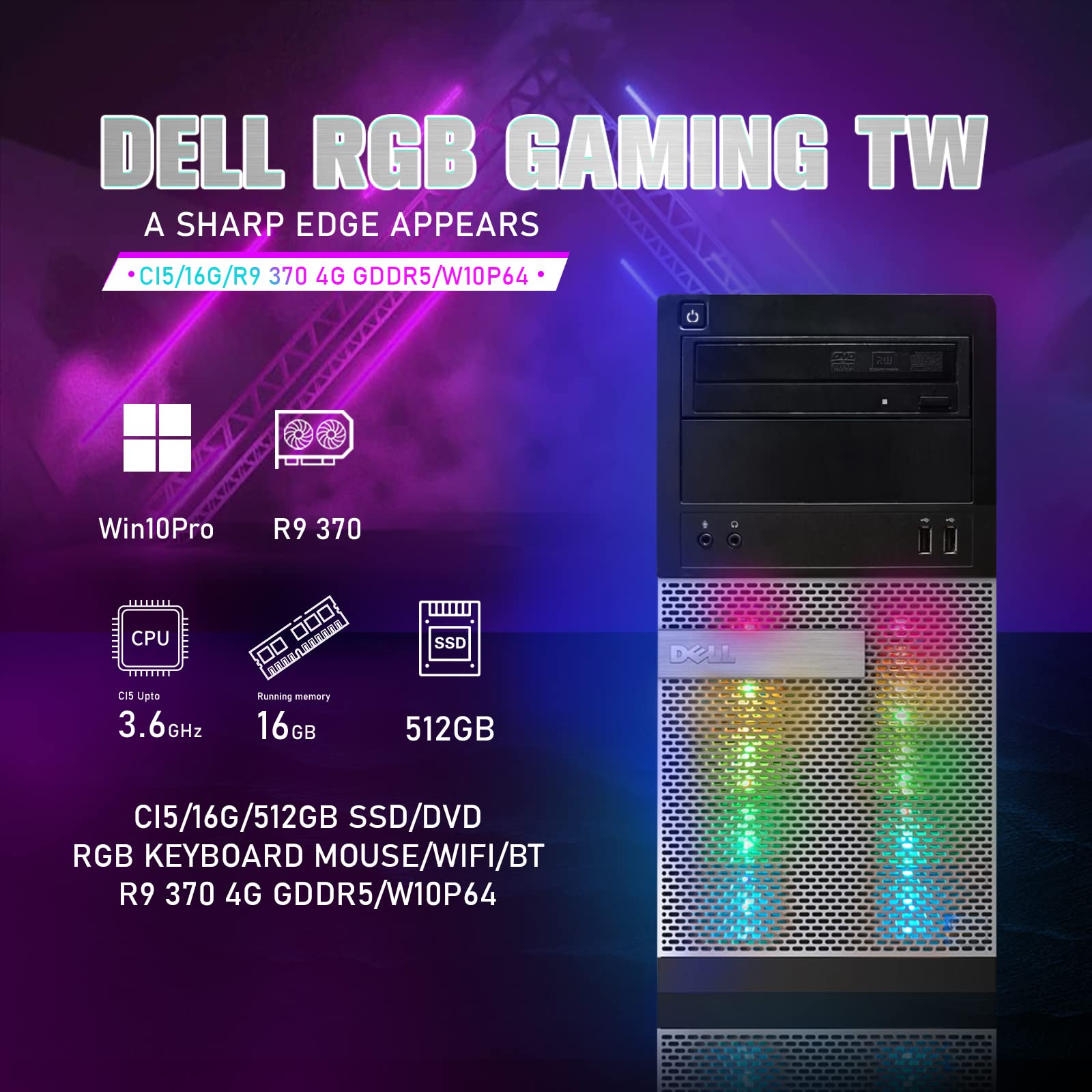 Dell RGB Gaming Desktop PC, Intel Quad I5 up to 3.6GHz, 16GB RAM, Radeon R9 370 4G GDDR5, 512G SSD, DVD, WiFi & Bluetooth, RGB Keyboard & Mouse, Win 10 Pro (Renewed)