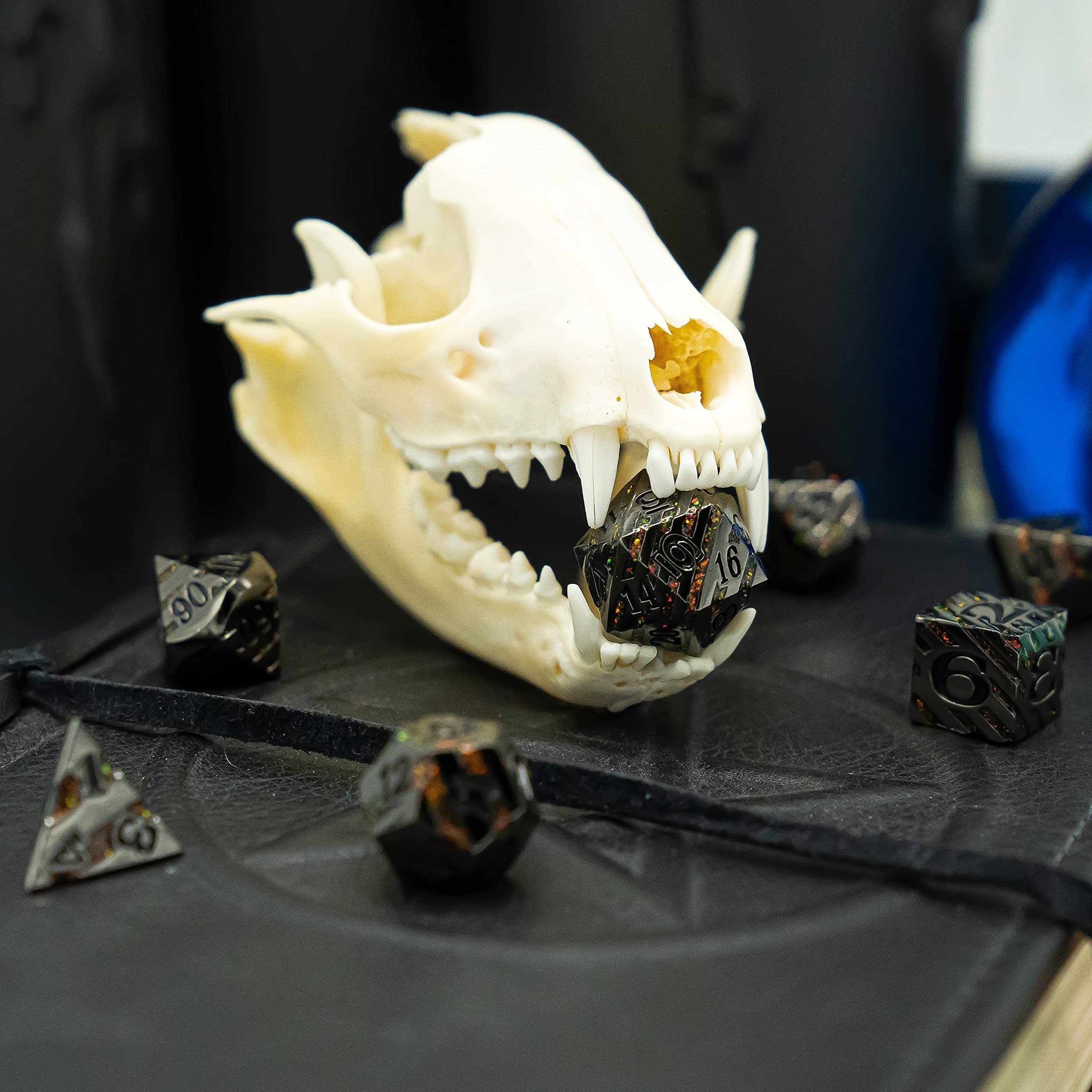 TINY GREMLIN Metal Dice of Dwarven Mining - Dungeons and Dragons Dice - Orange Glitter with Antique Nickel Metal Swirl with Black Font
