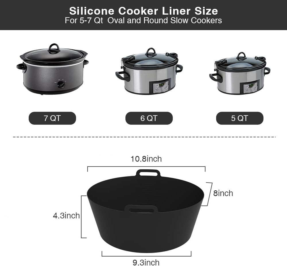 ChefAid Slow Cooker Liners Crock Pot Insert Accessories for 5 6 7 Quart Slow Cookers, 100% Silicone Reusable Liner, Food Safe & Dishwasher Safe (Black)
