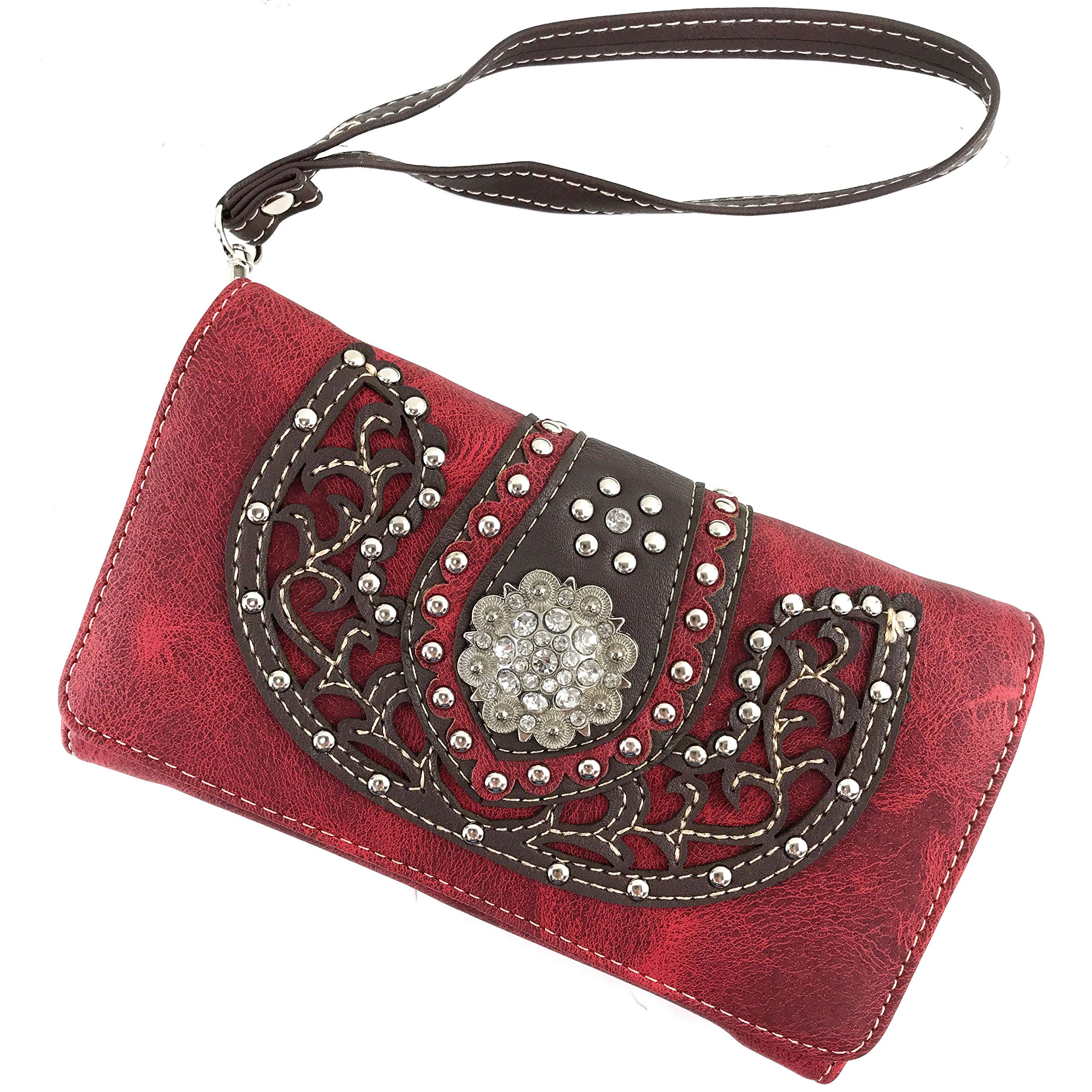 Zelris Western Albino Western Floral Buckle Conceal Carry Women Crossbody Trifold Wallet (Red)