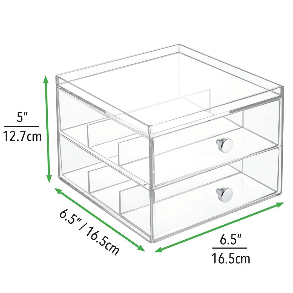 mDesign 2 pc. Set Stackable Eyeglass Organizer Holder for Sunglasses, Eyeglasses, Reading Glasses - 2 Divided Drawers, Clear