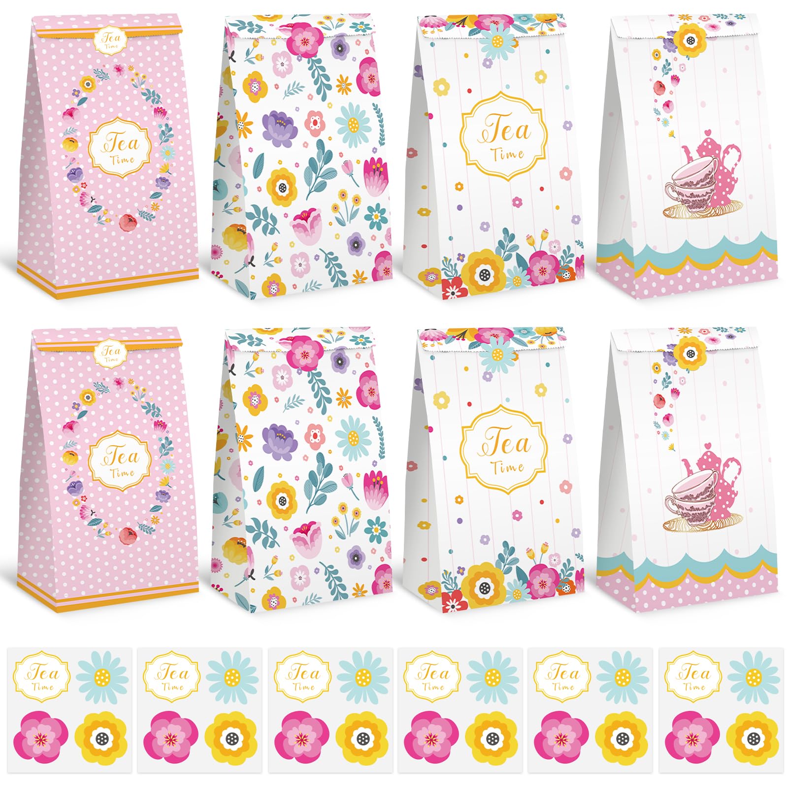 HONEYGIFTS 24PCS Party Favor Bags,Tea Party Favor Bags with Stickers, 5 x 3 x 8.7inches Candy Bags Floral Gift Bags Treat Bags Goodie Bags for Kids Girls Birthday Party