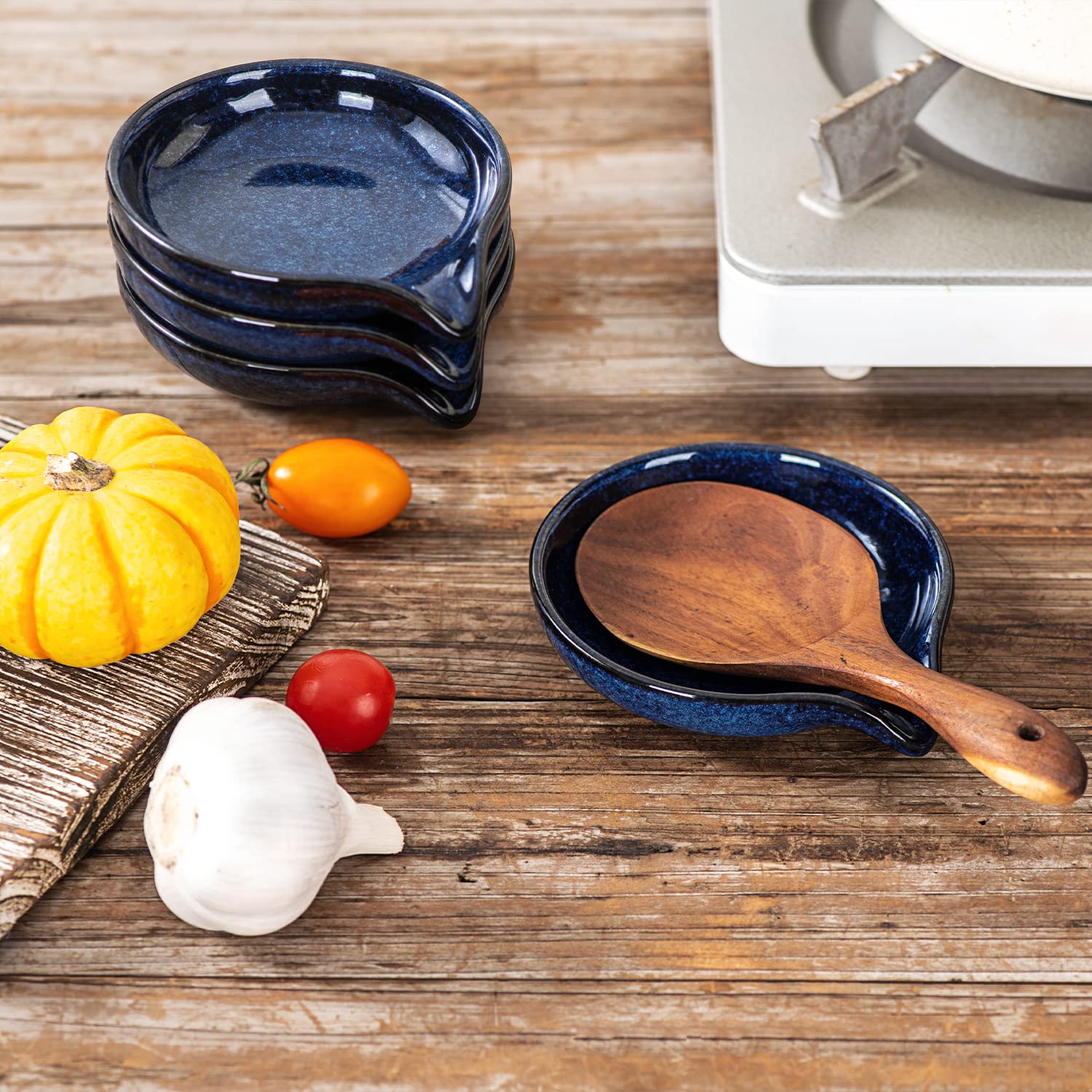 Ceramic Spoon Ladle Rest Coffee - VICRAYS Kitchen Stove Spoon Holder Spatula Cooking Accessories Farmhouse Utensil Rest Stove Spatula Decor for Countertop - Dishwasher Safe 5.2 Inches Blue Set of 4