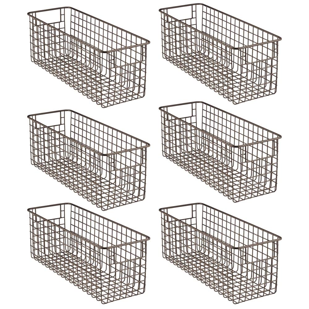 mDesign Household Metal Wire Narow Storage Organizer Bin Basket Holder with Handles - for Closets, Entryways, Mudrooms, Kitchen Pantry, Under Sink Cabinets, Bathrooms - 16" x 5" x 6" - 6 Pack - Bronze