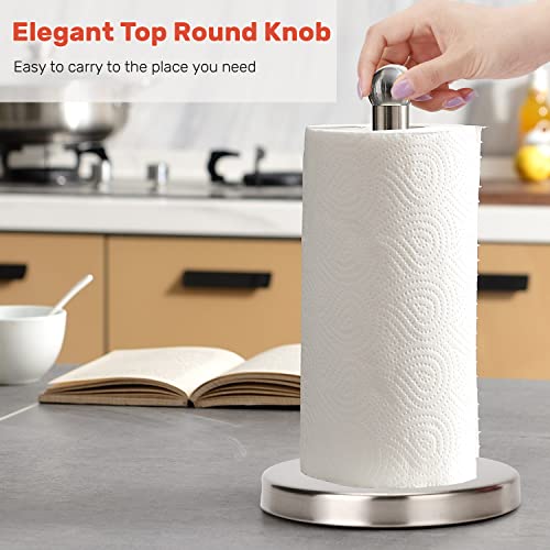 Heavy Weighted Paper Towel Holder, Easy One-Handed Design for Kitchen Stand Paper Towel Dispenser, Sturdy Base for Standard Paper Towel Rolls and Mega Paper Towel Roll (Brushed - Stainless Steel Base)