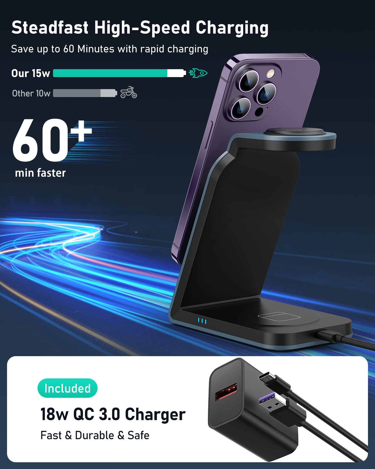 Charging Station for Apple Wireless Charger 3 in 1: 2024 New Aluminum Alloy Magnetic Charger Stand Fast Charging Multiple Devices for AirPods, Apple Watch, iPhone 15 14 13 12 Pro/Pro Max/Plus/Mini