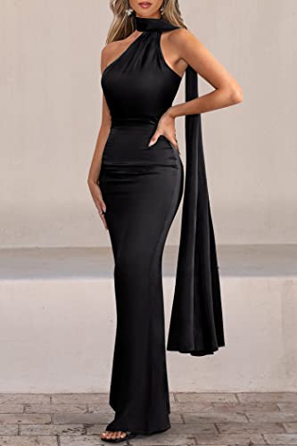 PRETTYGARDEN Women's Maxi Satin Dress Sleeveless Halter Neck Backless Long Formal Evening Cocktail Dresses (Black,Small)