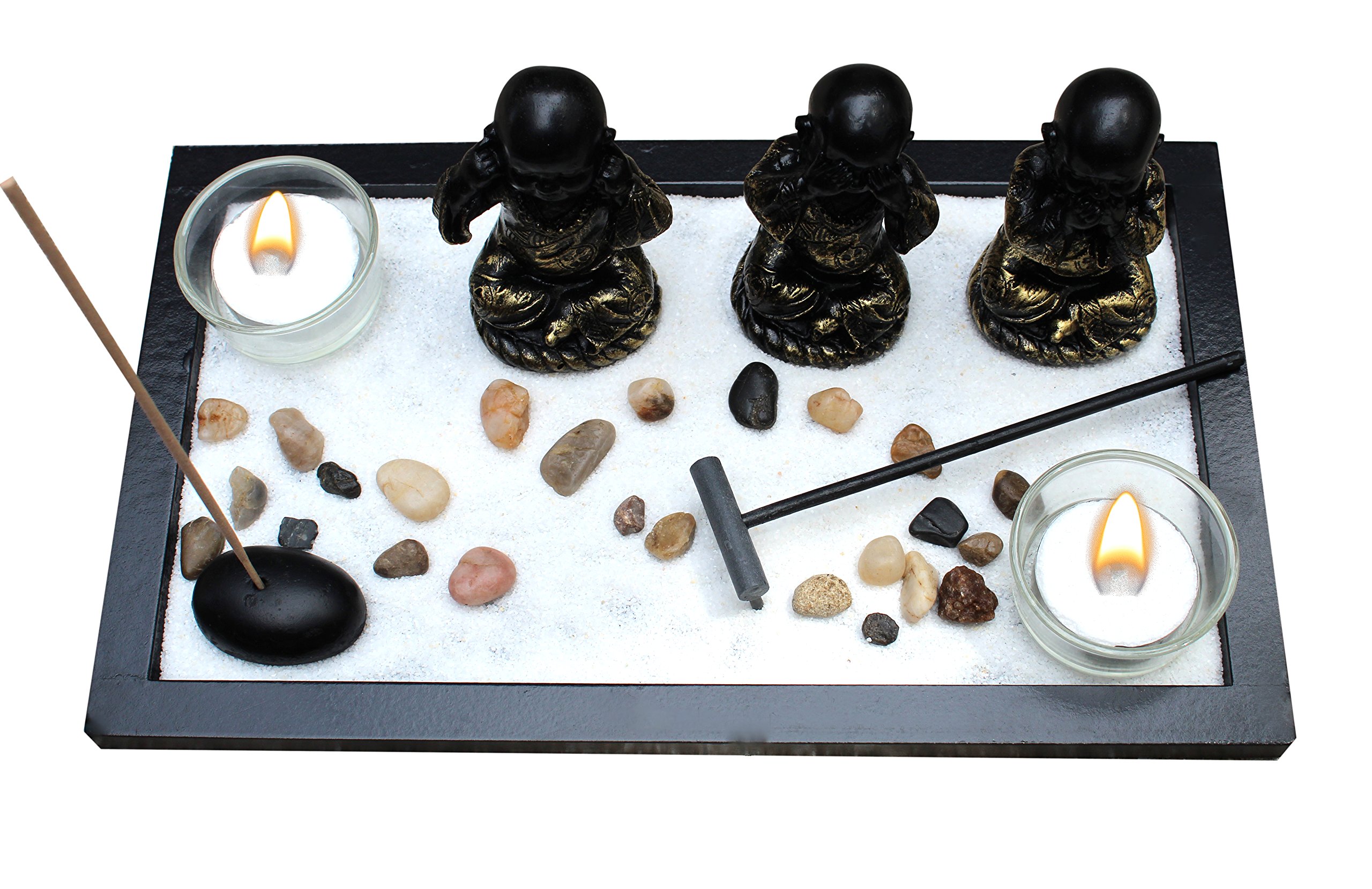 Zen Garden Meditation Garden 3 Buddha See, Speak, Hear No Evil Statues, Incense Holder, Incense, 2 Tea Light Holders, Rocks, Sand, Rake (Candles Not Included)