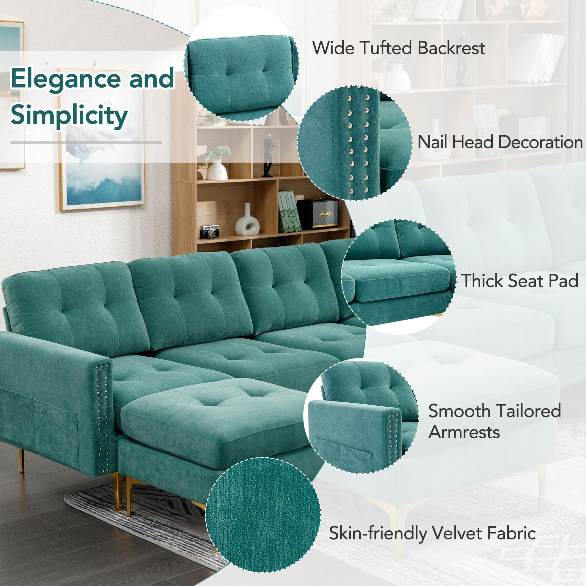 Favfurish 110" L Shape Convertible Sectional Sofa with Movable Ottoman,Velvet U-Shape Modular Couch,for Living Room,Apartment, Office,Green