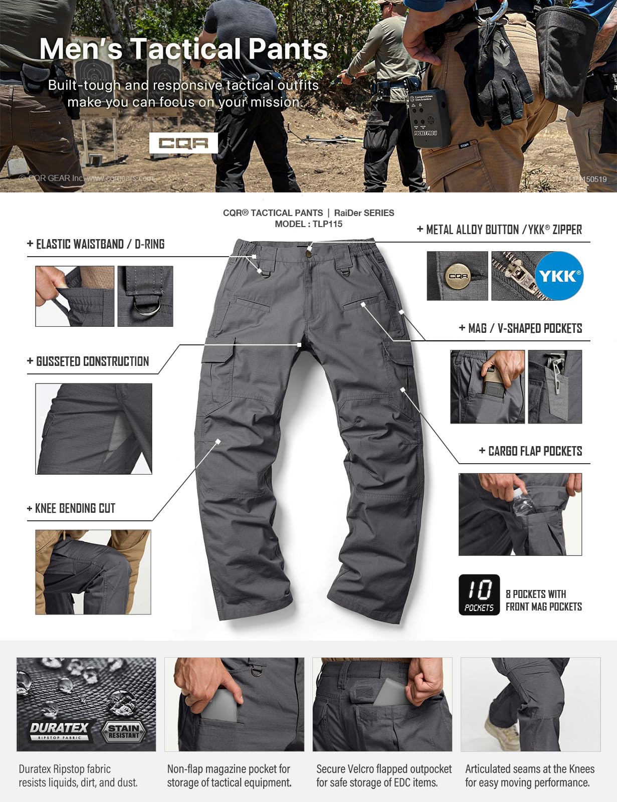 CQR Men's Tactical Pants, Water Resistant Ripstop Cargo Pants, Lightweight EDC Work Hiking Pants, Outdoor Apparel, Duratex Charcoal, 34W x 30L