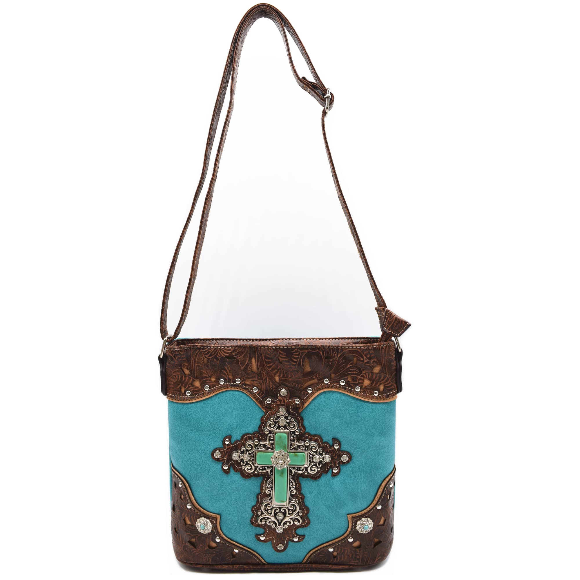 Western Rhinestone Cross Tooled Leather Concealed Carry Purse Crossbody Handbag Women Single Shoulder Bag (#2 Turquoise)