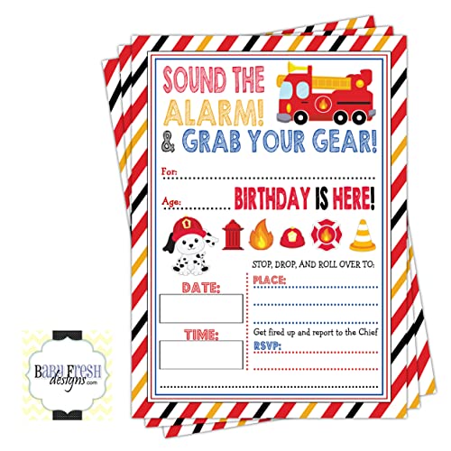 Firetruck Themed Birthday Party Invitation - Set of 20 with envelopes