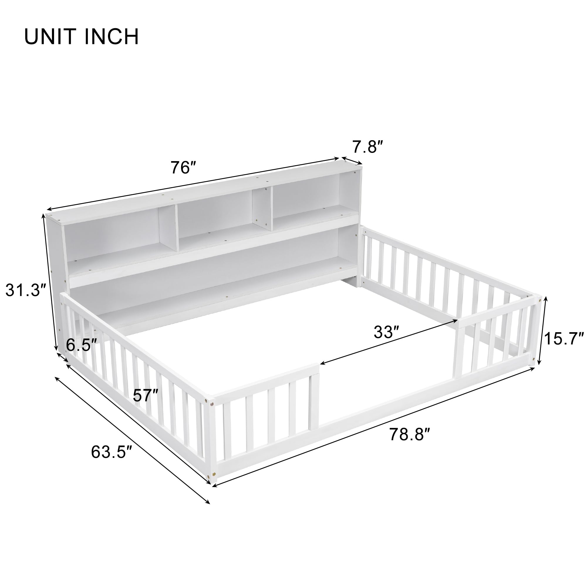 ECKF Full Size Floor Bed,Montessori Floor Bed with Bedside Bookcase and Shelves,Toddler Floor Bed with Guardrails for Kids,Girls,Boys (White, Full)