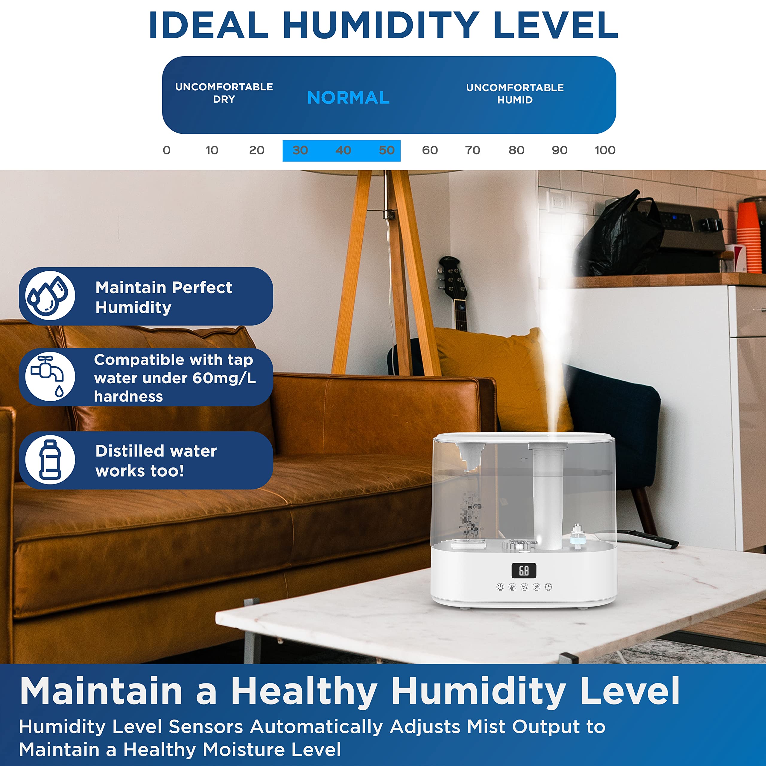 Westinghouse Humidifier and Air Purifier all in one combo with Smart Humidity Sensor Control for Bedrooms with Essential Oil Diffuser and Remote, Black
