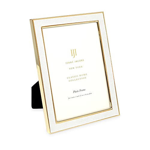 Isaac Jacobs 5x7 White Leather with Gold Metal (Vertical & Horizontal) Picture Frame, Suede Border w/Black Fabric Easel, Wall-Mountable, Made For Tabletop, Photo Gallery (5x7, White W/Gold)