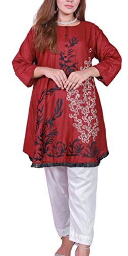 IshDeena Indian Kurtis for Women Indian Style Cotton Tunics Womens Tops Summer Embroidered (Small, Mehroon)
