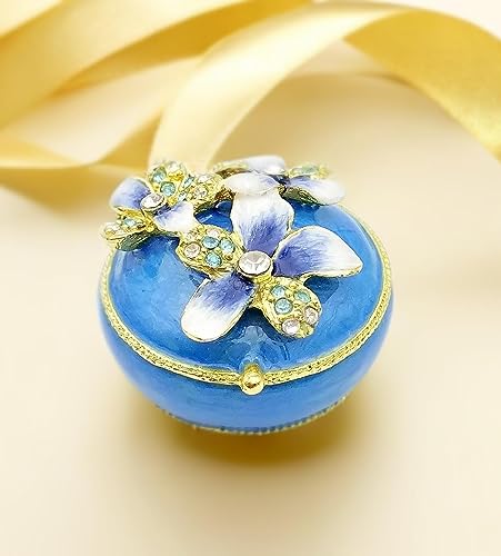 JWT Astyle Orchid Flower Blue Trinket Boxes Hinged Small Jewelry Box with Crystals.Collectible Trinkets Home Gift Enamel Decorative Tiny Keepsake Box Decor Necklace Rings Earrings Organizer.