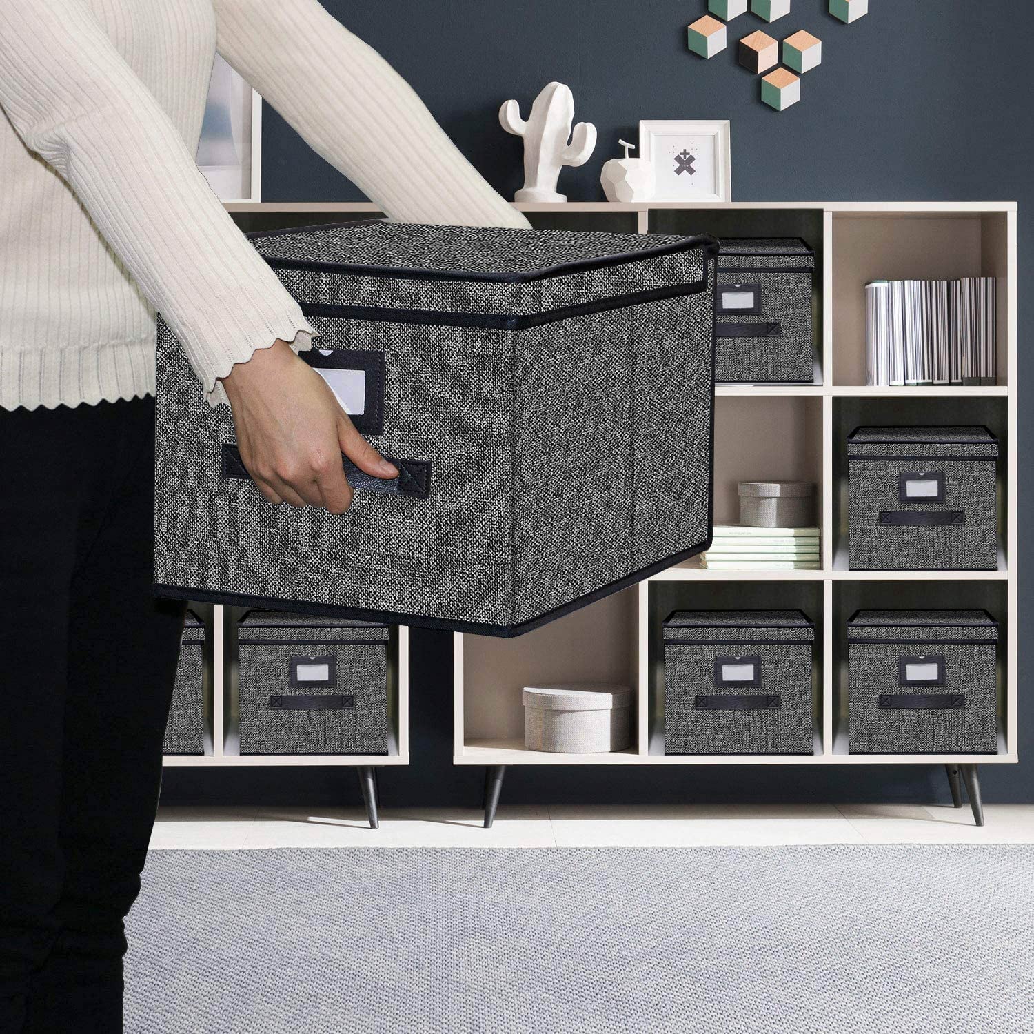 Onlyeasy Collapsible Storage Bins Pack of 3 - Foldable Storage Box Containers Organizer with Dust-proof Lids and Strong Handles, 11.8"x15.7"x9.8", Large, Black, 9MXALB03PLP