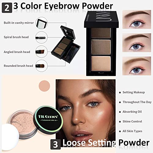 Lookmee All In One Makeup Essential Starter Kit for Beginners or Pros, 18 Colors Naked Eyeshadow Palette Nude Face Primer, Brush, Sponge, Eyebrow Powder, Winged Eyeliner Stamp (SetA)