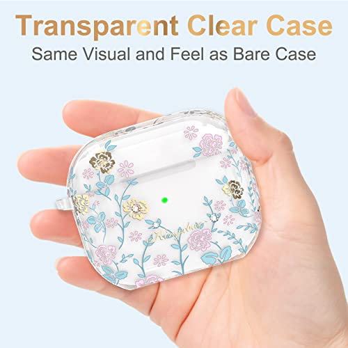 KINGXBAR Compatible with AirPods 3rd Generation Case, Cute Floral Clear Soft TPU Shockproof Protective Cover for Women Girls with Keychain for Apple AirPods 3 2021 Charging Case (Blue)