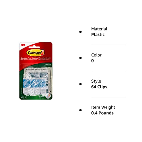 Command Outdoor Light Clips, Damage Free Hanging Outdoor Light Clips with Adhesive Strips, No Tools Wall Clips for Hanging Outdoor Lights and Cables, 16 Clear Clips and 20 Command Strips (Pack of 4)