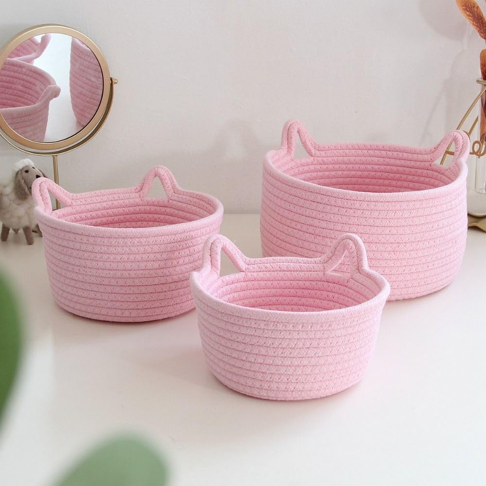 CHDHALTD Cotton Rope Woven Storage Basket,Small Basket Gift Baskets Toy Storage Basket Key Tray Living Room Bathroom Storage Basket(L,Pink)