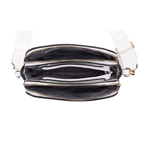 EVVE Crossbody Bags for Women Trendy Triple Zip Small Crossbody Camera Bag Purse with Wide Guitar Strap | White