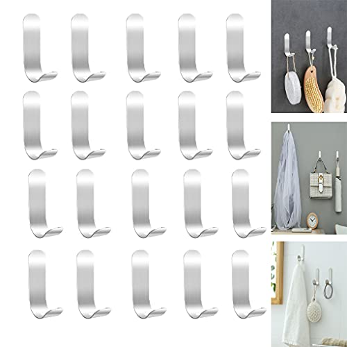 JYYHSF Adhesive Hooks, Kitchen Hooks,Wall Hooks Heavy Duty Stainless Steel Wall Hooks Adhesive for Hanging Jackets,Coat, Bag, Party Light Strip , Kitchenware, Bathrobes, Bath Towels (20 PCS,Silver)