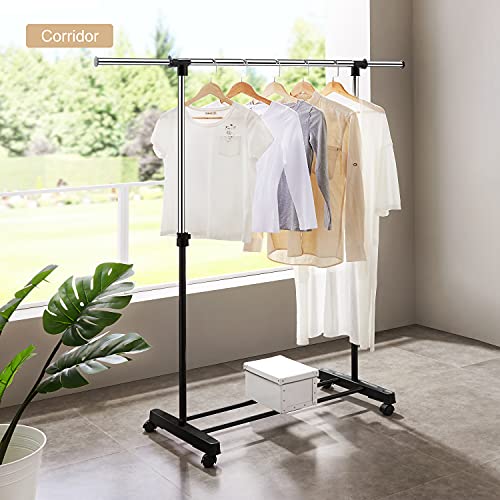 JZM Adjustable Clothes Garment Rack, Rolling Clothes Organizer on Wheels for Hanging Clothes with Bottom Shelves, Rolling Clothes Rack Portable Collapsible Commercial Garment for Entryway, Bedroom
