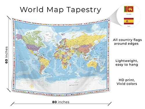Large World Map Tapestry Wall Hanging Tapestry World Map For Kids Educational Tapestry With Country Flags World Map for Classroom Decor Kids Room Home Traveling Geography Students 60x80 In