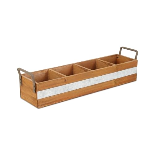 Cheung's FP-3879BR Dark Brown Wooden 4 Slot Storage Caddy with Side Metal Handles and Center Galvanized Accent
