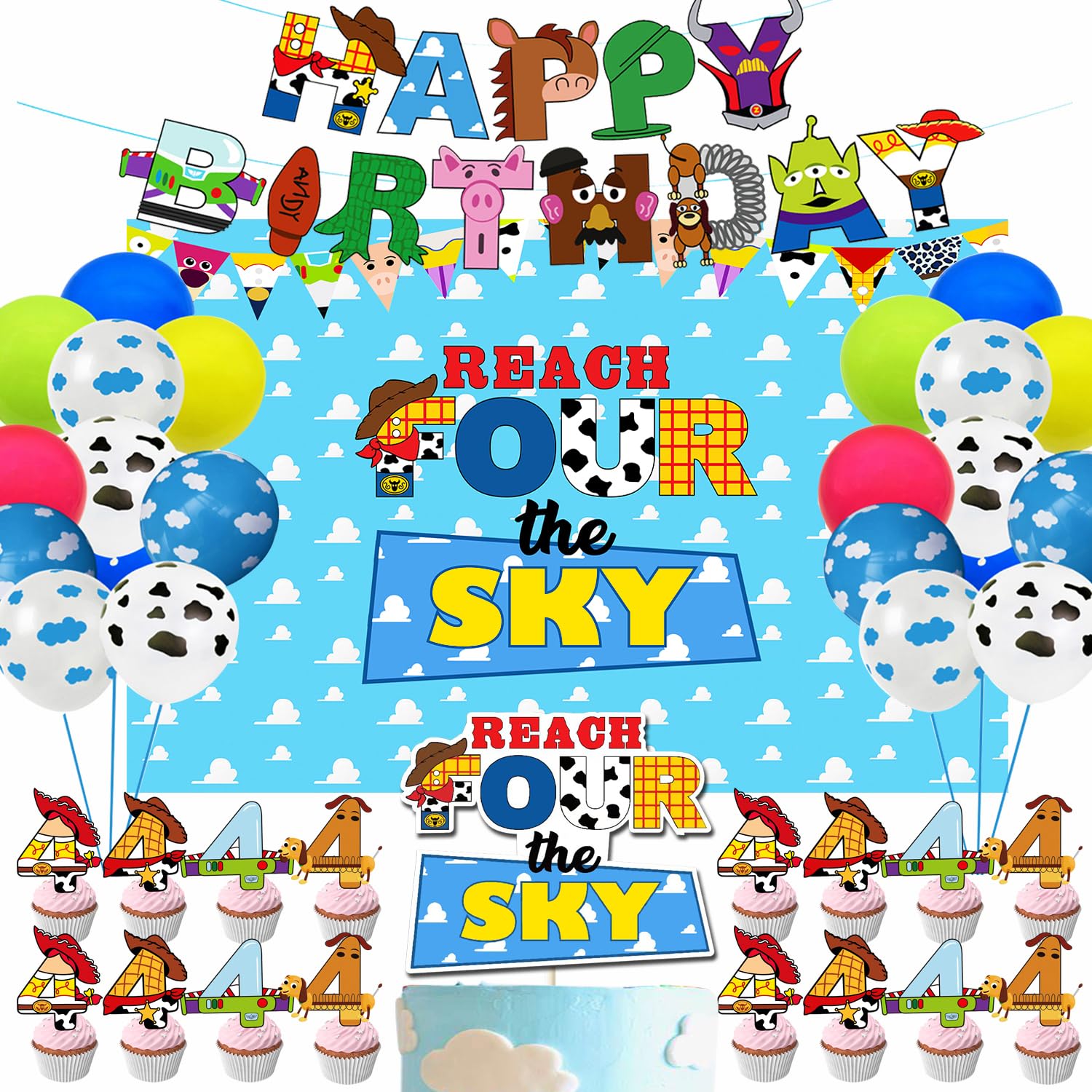 Cartoon Story Party Supplies 4th Birthday include Reach Four The Sky Cake Topper Backdrop Cupcake Toppers Balloons Banner for 4th Boys Girls Birthday Decorations